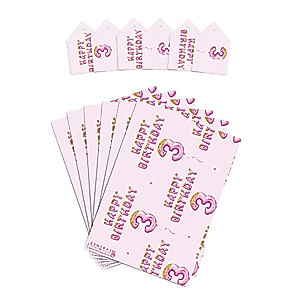 CENTRAL 23 Birthday Wrapping Paper For Girls - 6 Sheets Pink Wrapping Paper - Age Three - Happy 3rd Birthday Gift Wrap For Her - Comes With Stickers - Recyclable