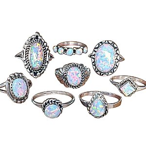 8pcs Stackable Rings Opal Rings Set for Women Simulated Gemstone Ring Wedding Engagement Band Vintage Jewelry (Silver, one Size)