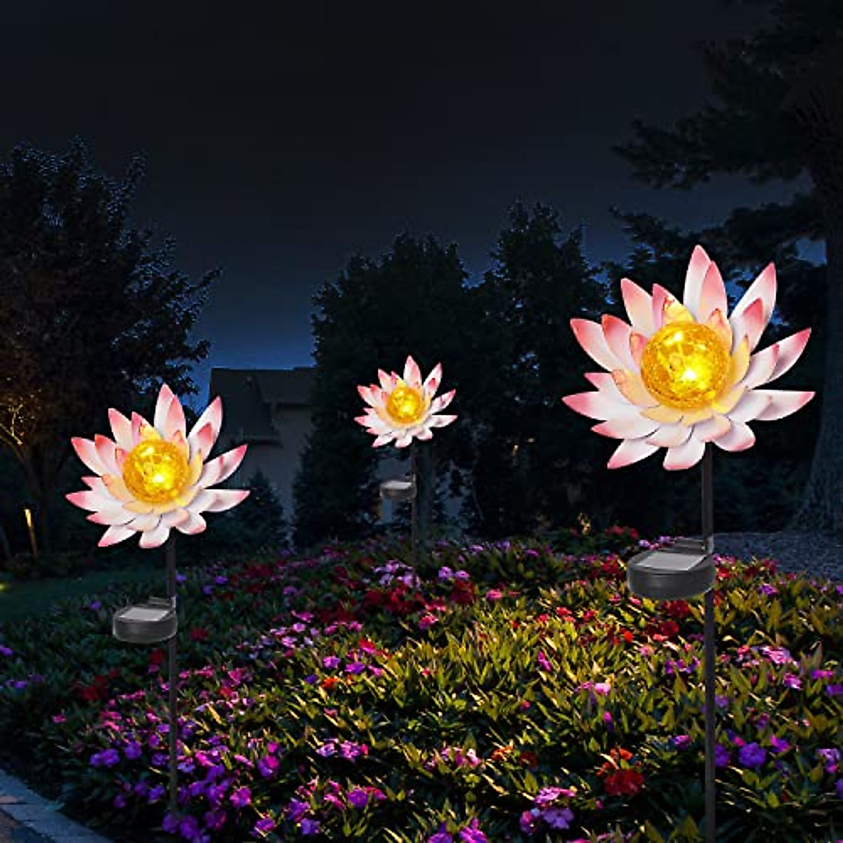 Solar Lotus Lights Outdoor Decorative Garden Stake,Metal Flower Lights with Crackle Globe Glass, Waterproof Outdoor Decorations for Patio,Lawn,Yard,Walkway(2 Pack)
