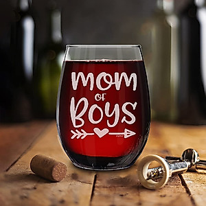 shop4ever Mom Of Boys Laser Engraved Stemless Wine Glass Boy Mom Glass