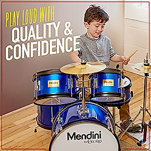 Mendini by Cecilio Kids Drum Set 5 Piece - Full 16in Youth Drumset with Bass, Toms, Snare Drum, Cymbal, Hi-Hat, Drumsticks & Seat for 5 to 12 Year Old and Beginner Adult Set - Blue