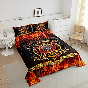 Firefighter Theme Children Comforter Set,Burning Flame Bedding Set for Kids Boys,Adults Soft Fireman Sign Comforter,Teens Red and Black Quilted Duvet Set Bedroom Collection King Size 3Pcs