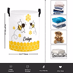 Personalized Laundry Basket Hamper,Bee Honeycomb Yellow,Collapsible Storage Baskets with Handles for Kids Room,Clothes, Nursery Decor