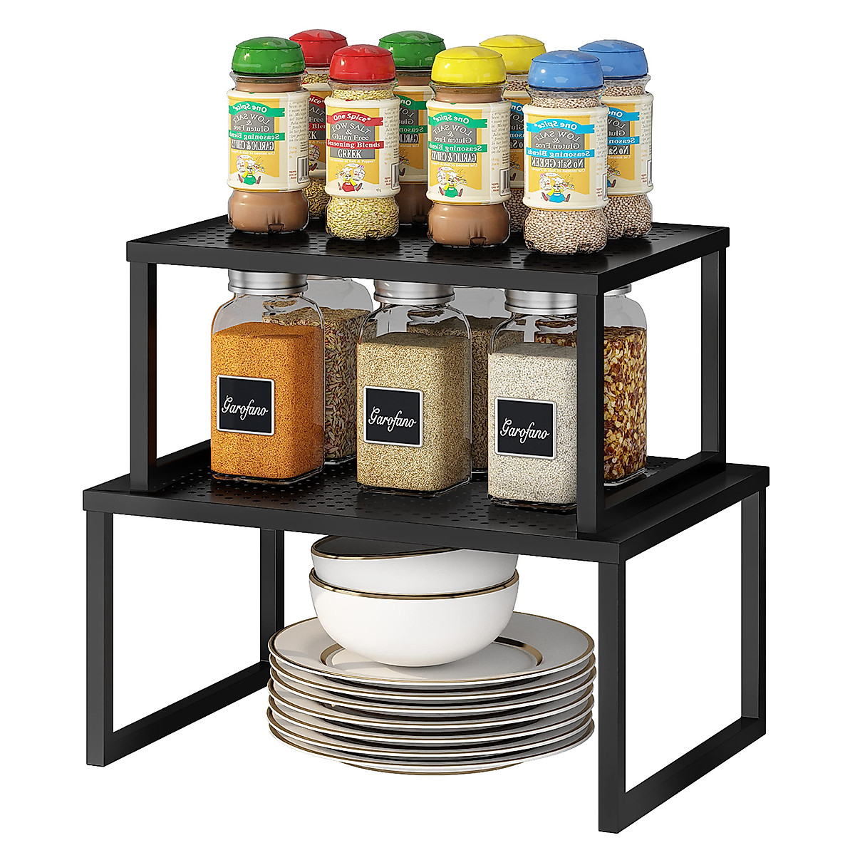 2 Pack- Simple Trending Cabinet Shelf Organizer, Kitchen Counter Shelf Rack for Pantry Organization, Expandable Stackable, Black