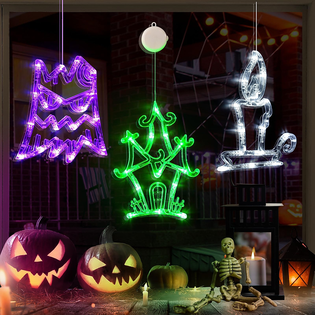 LOLStar Halloween Lights,3 Pack Ghost Tree, Haunted House, Candle Window Lights with Suction Cup, Upgrade Timer and Slowly Fade Functions Battery Operated Indoor Lights for Halloween Window Decoration