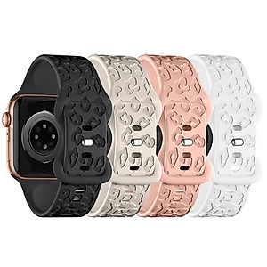 CreateGreat Engraved Bands Compatible with Apple Watch Band 41mm 40mm 38mm, Leopard Carve Pattern Soft Silicone Strap Compatible with iWatch Series 8 7 6 5 4 3 2 1 SE, Women Men,Leopard.4PCS-A