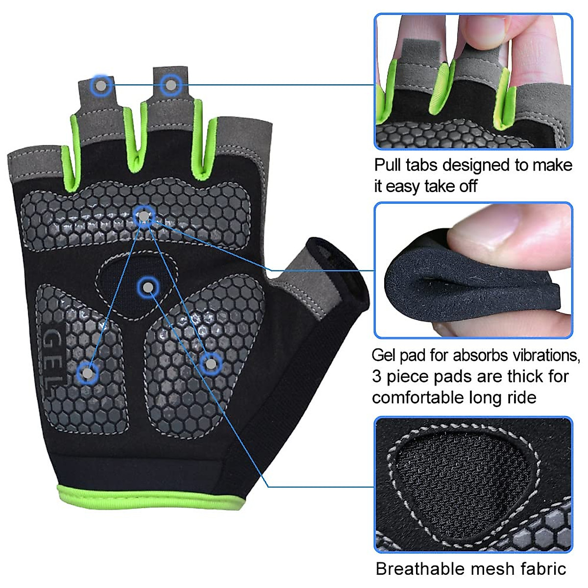 HuwaiH Cycling Gloves for Men/Women Anti-Slip Shock-Absorbing Biking Gloves Half Finger Gel Pad Bicycle Gloves Breathable Bike Gloves (Black/Green, Medium)