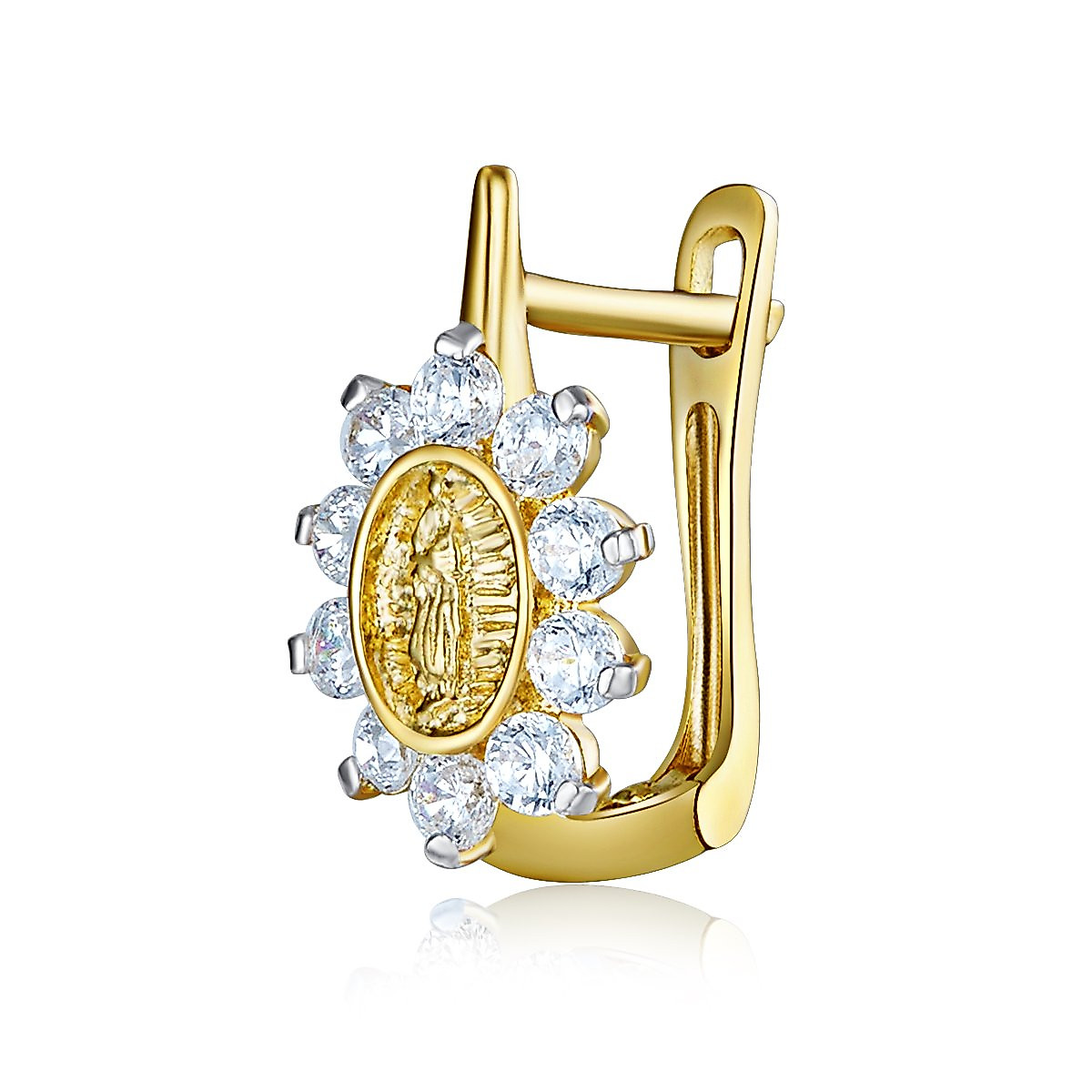 14k REAL Yellow Gold CZ Our Lady of Guadalupe Huggie Hoop Earrings