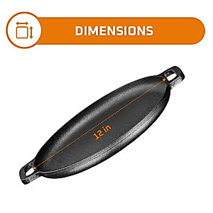 Bruntmor 12-Inch Pre-Seasoned Cast Iron Skillet Pan - Pizza Pan with Dual Large Loop Handles - Ideal as Camping Skillet and Fry Pan - Oven Safe and Electric Stovetop Compatible - Black