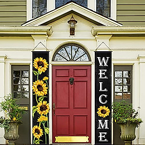 Sunflower Hanging Banners Spring Welcome Porch Banners Flags Fall Door Banners Flag Summer Hanging Banner for Front Door Garden Home Yard Sunflower Party Decorations (Black Background)