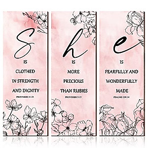Qunclay 3 Pcs Pink Flower Inspirational Wall Decor Art Gift Wooden Motivational Hanging Christian Quotes Floral Decor for Women Girl Living Room Gift (11.81 x 3.94 x 0.2 Inch,Pink)