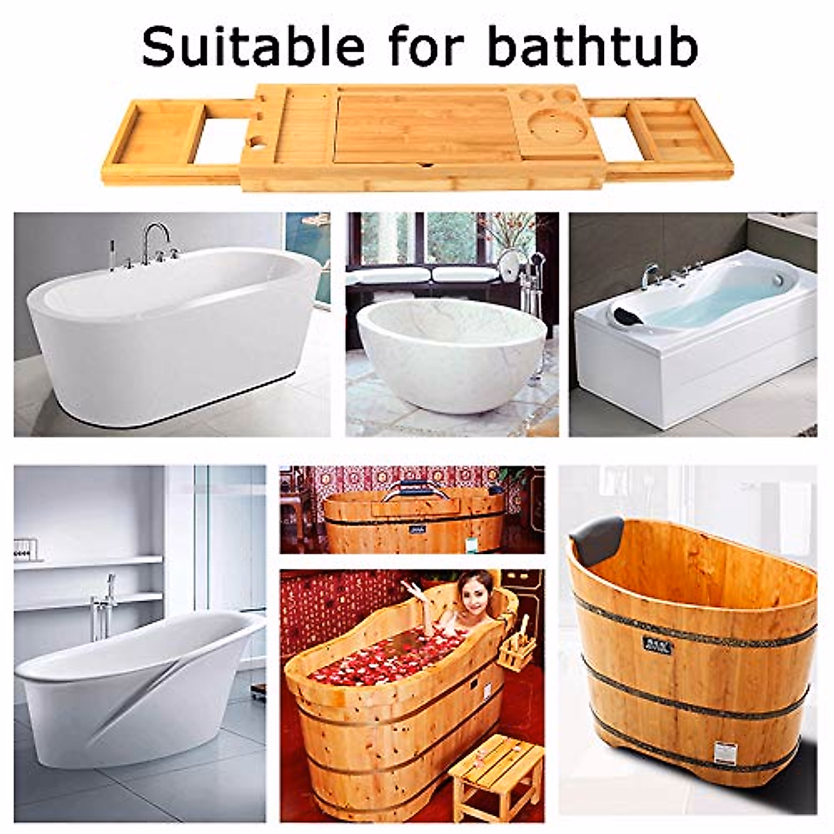 JinGarss Bamboo Bathtub Tray Caddy Bath Tub Tray Bridge Shower Shelves Organizer Tray 20-37 inch Expandable Rack Laptop Tray Caddy Bath Table with Wineglass Holder