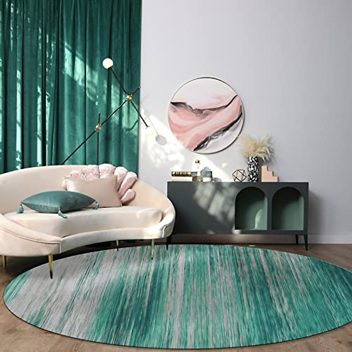 Small Round Area Rug 3f for Bedroom Modern Abstract Retro Teal Rugs Soft Shag Carpet Non-Shedding Rug Non-Slip Playing Mat for Kids Nursery Room Living Room Washable Circle Rug