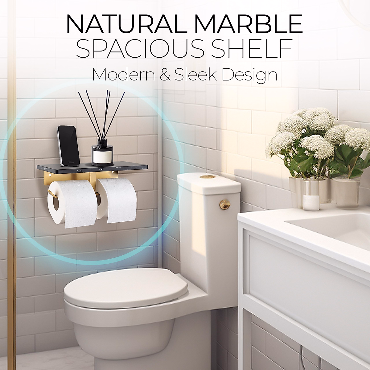 Toilet Paper Holder with Shelf (Natural Black Marble & Gold) - Wall Mounted Toilet Paper Storage, Easy to Install