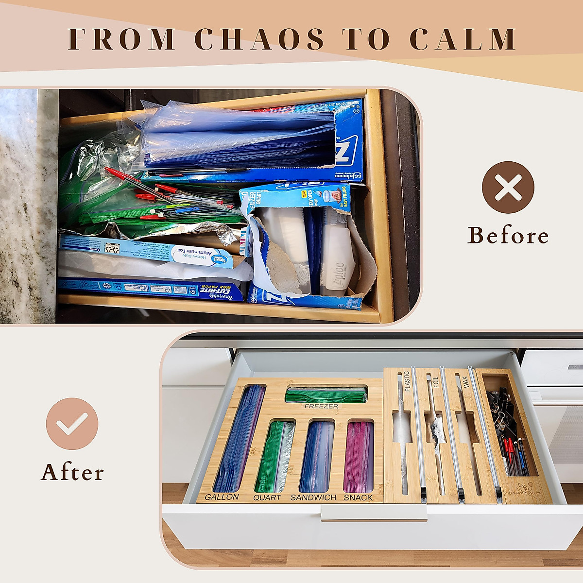 Worthy Willow Bamboo 9 in 1 Ziplock Bag, Aluminum Foil, and Plastic Wrap Organizer [IMPROVED DESIGN!]