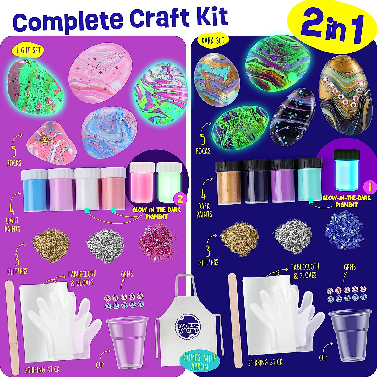 2 in 1 Rock Painting Art Kit - Glow in The Dark Pouring Rock Kit - Arts and Crafts for Kids Girls & Boys Ages 6-8, 8-12, Craft Paint Kits Art Toys, Art Supplies Christmas Birthday Gift for Kids
