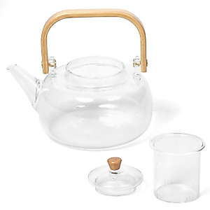 WHOLE HOUSEWARES Glass Teapot with Infuser - Borosilicate Glass Tea Kettle with Bamboo Lid - Clear Tea Pot - Dishwasher & Stovetop Friendly - Microwave Safe - Tea Lovers Gift Cups