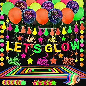 Glow Party Supplies and Decorations, 127.9ft Neon Party Decorations with Banner UV Blacklight Reactive Tape Swirls Hanging Garlands Fluorescent Balloons for Glow in The Dark Party Decorations