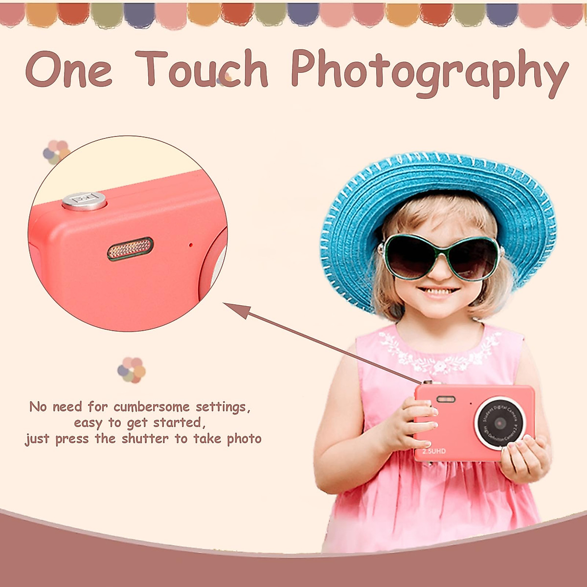 Compact Cute Dual Lens Digital Camera, 2.5K HD Selfie Camera with 8X Zoom for Students (Pink)