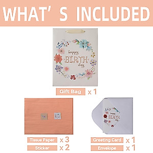 13" Large White Gift Bag Set with Greeting Card and Tissue Papers（Flowers and Happy Birthday）for Women's or Men's Birthday Party, Boys', Girls', or Kids' Parties, Baby Shower, Baby Boy or Girl - 10.2”x5.2”x13”, 1 Pcs.