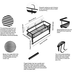 ESOW Paper Towel Holder with Shelf Storage, Adhesive Wall Mount 2-in-1 Basket Organizer for Kitchen & Bathroom, Durable Metal Wire Design, Stainless Steel 304 Matte Black Finish