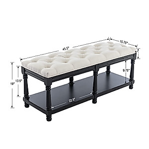 Janoray Farmhouse Storage Bench Wooden Entryway Linen Upholstered Ottoman Button Tufted Bench with Black Legs for Bedroom End of Bed Hallway Organizer, Beige, 45 Inch