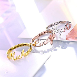 LONAGO Personalized Name Ring Custom Name Plate Stacking Ring Engrave Word Name Initial Ring for Women (Sterling Silver,Yellow Gold Color)