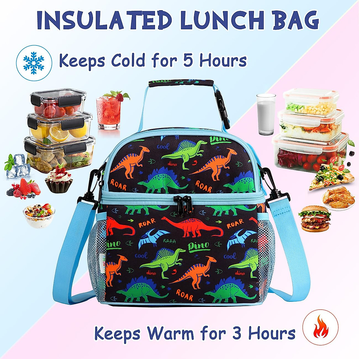 VASCHY Lunch Box Bag for Kids, Insulated Double Compartments Cooler Lunch Tote for Toddlers Boys Girls School/Daycare/Picnic Black Dinos