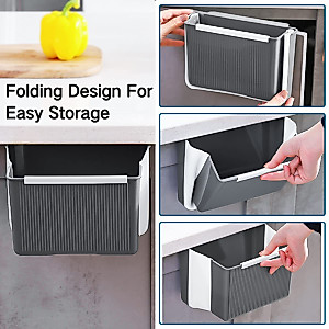 Hanging Kitchen Trash Can, Foldable Mini Garbage Can Plastic Waste Bin Compact Portable Trash Can for Cabinet Office Bedroom Bathroom Kitchen Car, Wall Mounted Collapsible Garbage Bin (A-Grey)