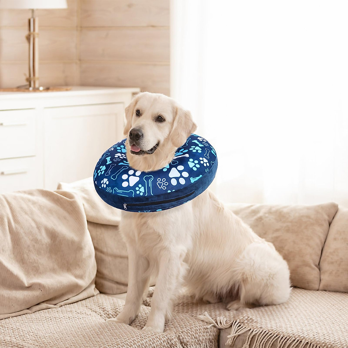 SCENEREAL Dog Cone Alternative After Surgery Donut Collar, Soft Pet Recovery Pillow Collar for Medium Large Dogs, Inflatable Adjustable Neck Collars to Prevent Licking, Bone and Paw Print E-Collars