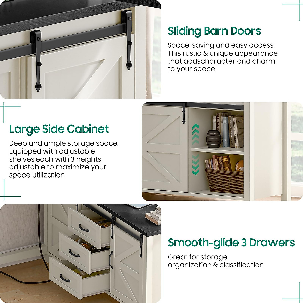 Executive L Shaped Office Desk with Drawers, Farmhouse Corner Desk for Home Office with Storage Cabinet, Computer Desk with Charging Station, Reversible Study Writing Table Workstation, White