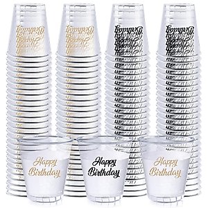 CIEOVO 100 Pieces Happy Birthday Party Shot Glass, Disposable 2 oz Plastic Cups 21st Happy Birthday Gifts Clear Tasting Cups for Birthday Party Supplies