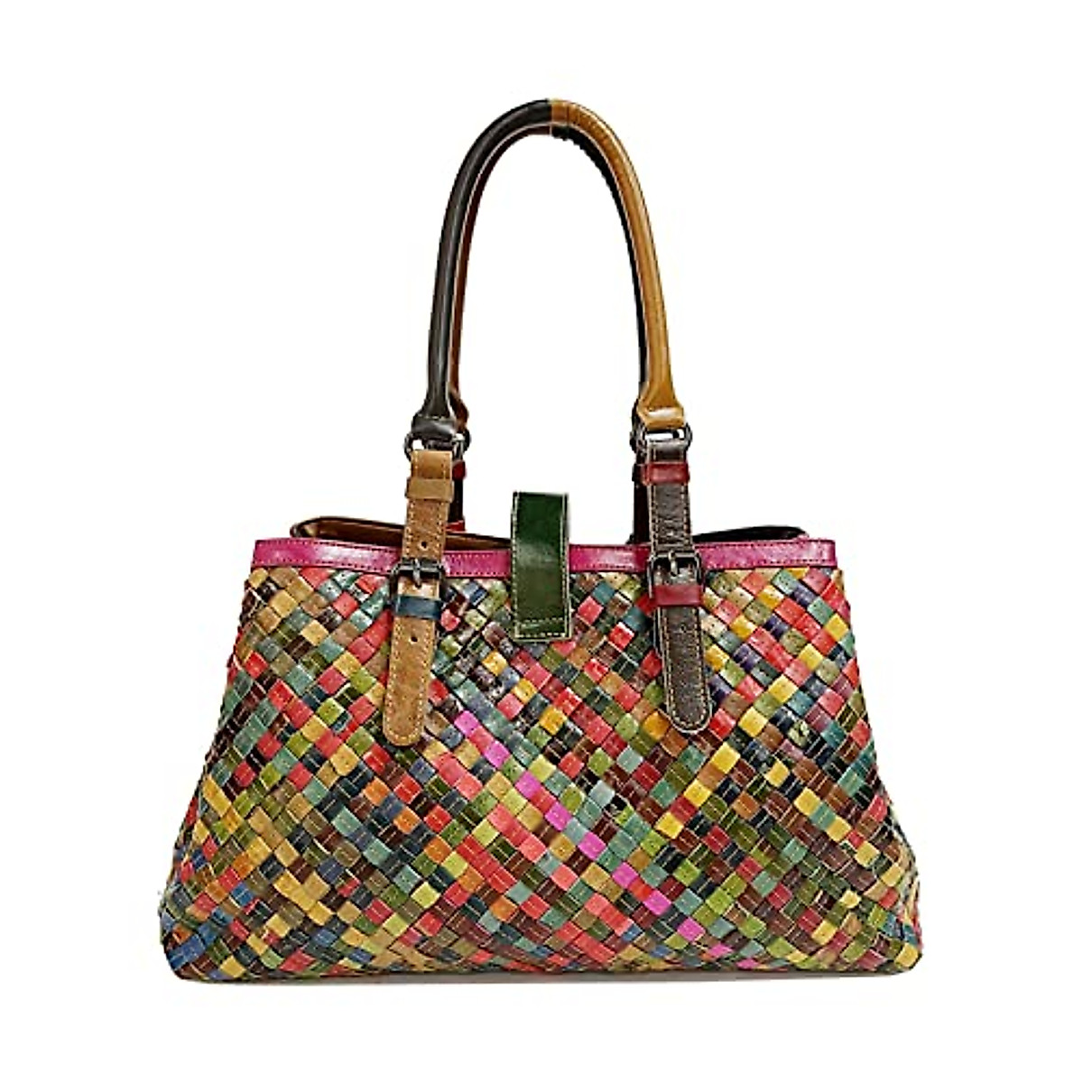 Women Multicolor Splicing Genuine Leather Handbag Designer Hand Woven Satchel Purses Top Handle Shoulder Totes Crossbody Bag (Multicolor)