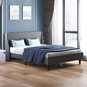 CECER Full Size Bed Frame, Modern Bed Frame with Upholstered Headboard & Broad Wingback Wooden Slat Support, No Box Spring Needed - Dark Grey