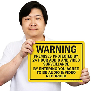 SmartSign 10"x14" 'Warning Premises Protected By 24 Hour Audio/Video Surveillance, By Entering You Agree To Be Recorded' Sign, Digital Printing, 55 mil HDPE Plastic, Black/Yellow, USA-Made