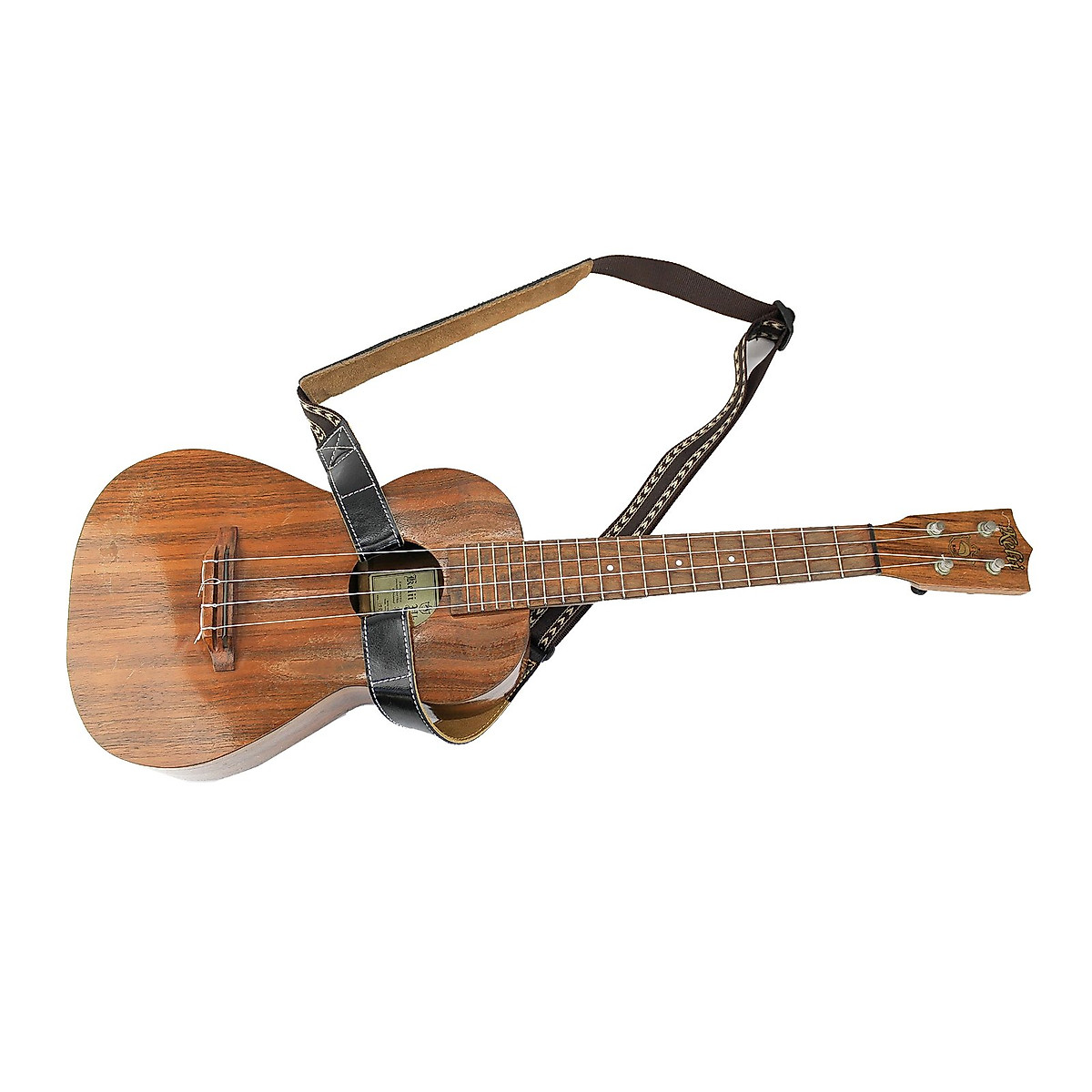 Walker & Williams U-66-BLK Black Double Hook Ukulele Strap With Premium Handmade Grain Leather Pad Hands Free For All Ukulele's