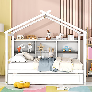 Harper & Bright Designs Full Size House Bed with Trundle, Wood Full House Bed with Storage Shelves, Full Montessori Bed for Kids with Roof for Girls, Boys,Brushed White