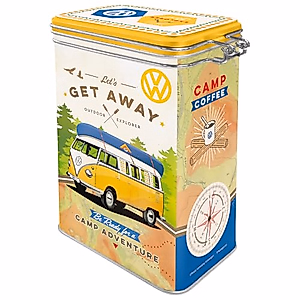 Nostalgic-Art Retro coffee tin box, 44 oz, VW Bulli – Let's Get Away – VW Bus Gift idea, metal clip top can, vintage design