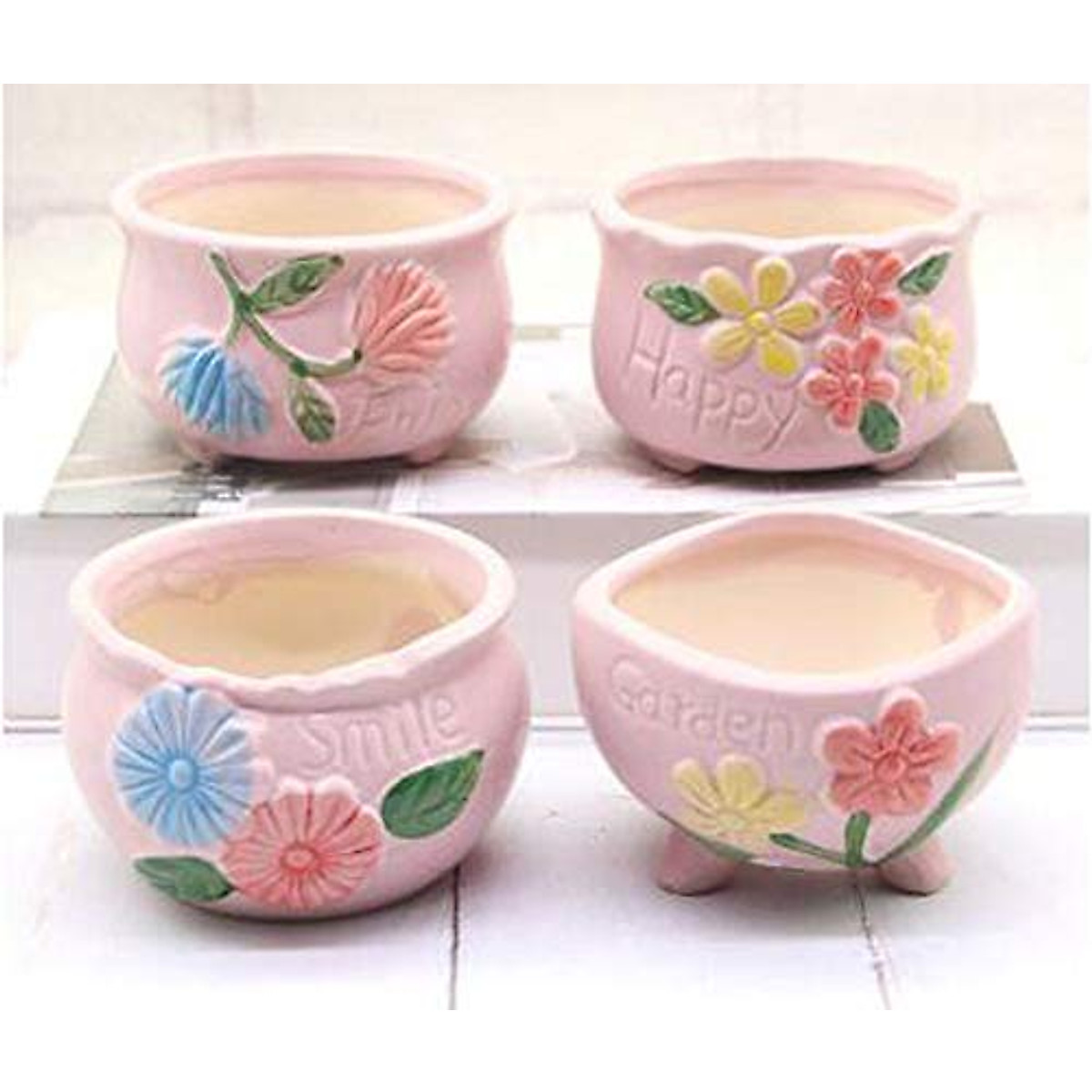 Maya Star 4 PCS Ceramic Succulent Plant Pot/Cactus Plant Pot Flower Pot/Container,Farmhouse Style Planter Bonsai Pots with A Hole A04