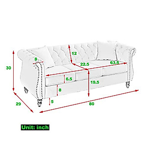 Imseigo Accent Sofa,3 Seater Chesterfield Beige Velvet Sofa, 80" Sofa Tufted Vintage Couch with Rolled Arms and Nailhead for Living Room, Bedroom, Apartment, Two Pillows (Velvet, Beige)