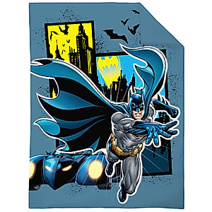 NoJo Batman - Blue Yellow & Grey 4Piece Toddler Bed Set - Comforter, Flat Top Sheet, Fitted Bottom Sheet, Reversible Pillowcase, Blue, Yellow, Black