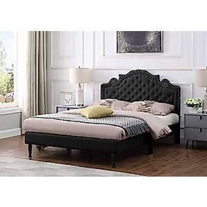 Full Upholstered Platform Bed Frame with 47" Tall Adjustable Headboard - Button Tufted Linen Bed - Wood Slat Support with Storage Space - No Box Spring Needed - Black - Oliver & Smith - Elizabeth