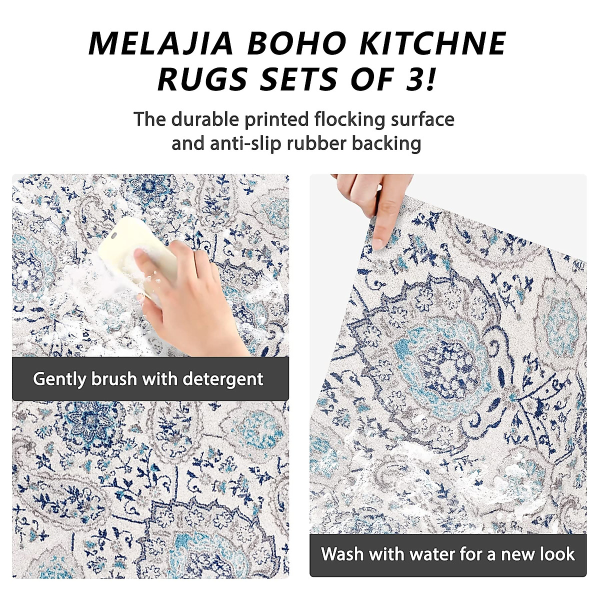 MELAJIA Boho Kitchen Rugs Sets of 3 Non Slip Washable Laundry Room Rubber Mat Kitchen Mats Set for Floor Easy to Clean Low-Profile Runner Rug for Hallway Bathroom Bedroom Entryway
