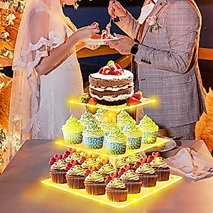 4 Pcs Square Acrylic Cupcake Stand, 4 Tier Cupcake Holder and 3 Tier Cupcake Tower with Yellow LED Light String Cupcake Pastry Display Stand for Wedding Birthday Candy Bar Decor
