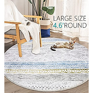 Yincimar Boho Geometric Round Area Rug 4.6ft Non-Slip Washable Circle Rug Accent Rug Soft Floor Area Mat Carpet for Living Room Sofa Bedroom Kids Room Nursery Decor,White