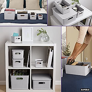 Superio Decorative Plastic Lidded Home Storage Bins Organizer Baskets, Large White Smoke (1 Pack - 15 Liter) Stackable Container Box, for Organizing Closet Shelves Drawer Shelf - Ribbed Collection