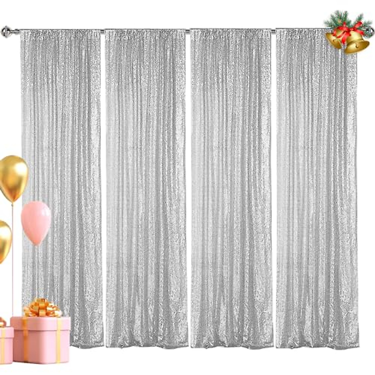 Hahuho Silver Sequin Backdrop Curtain, 4PCS 2FTx8FT Glitter Backdrop Curtain for Parties, Christmas, Wedding, Party Decoration（4 Panels, 2FT x 8FT, Silver