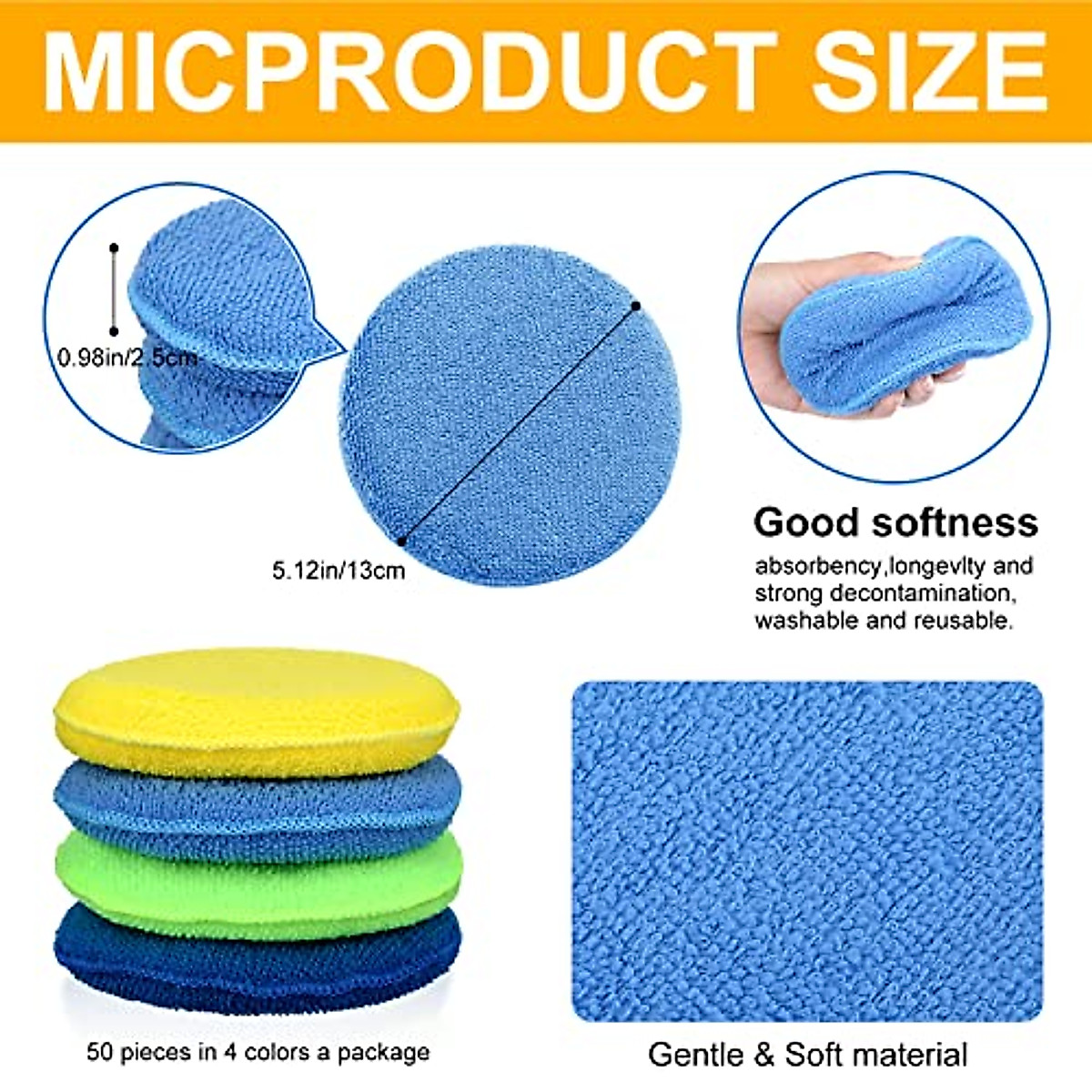 Tallew 50 Pcs Car Wax Microfiber Applicator Pads with Finger Pocket Auto Wash Soft Foam Sponge with Finger Pocket for Cars Buffing Detailing Cleaning (5.12'' Diameter, Yellow Green Blue Dark Blue)