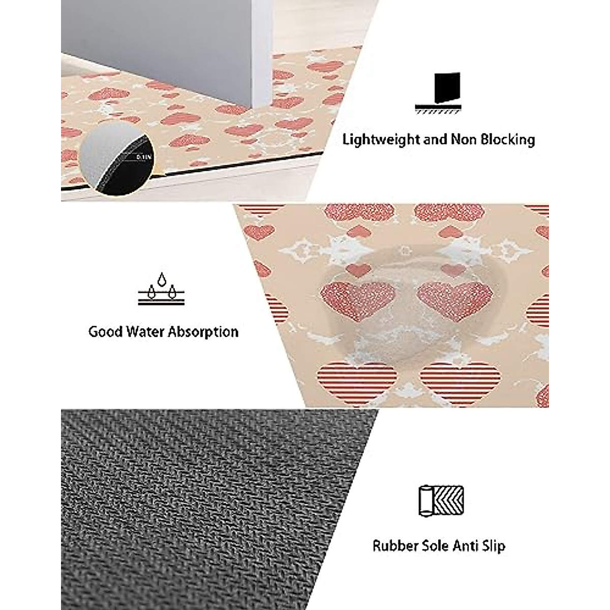 Geometric Love Stripes Bath Mat for Tub,Non Slip Bathroom Floor Runner Rug Quick Dry & Absorbent Diatomaceous Earth Shower Sink Kitchen Washable Doormat,Abstract Minimalistic Aesthetic Art 20x24+20x48