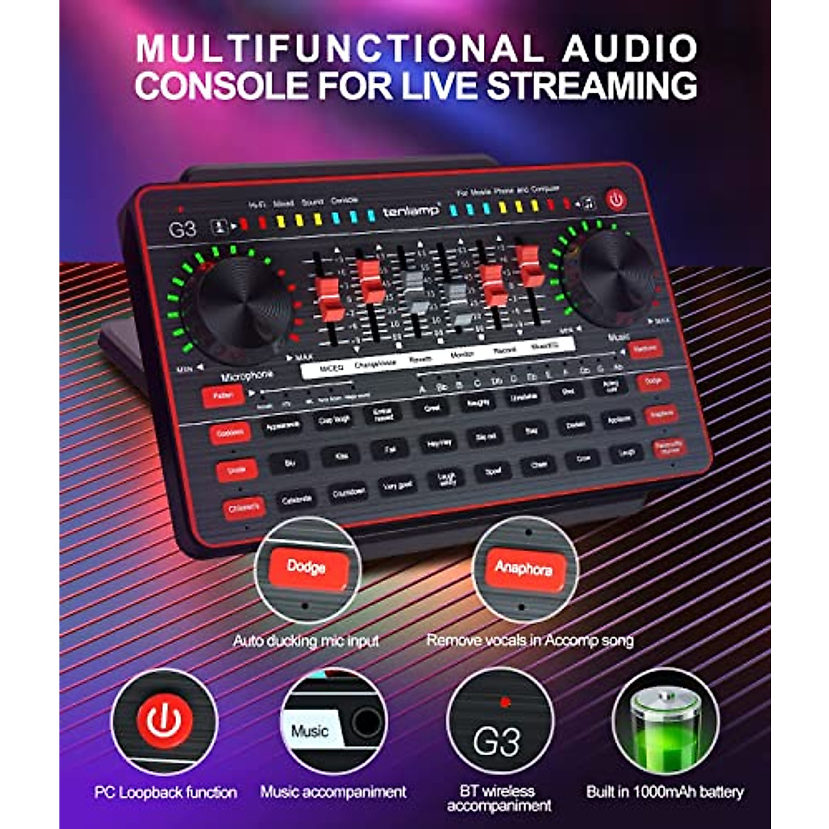 Audio Mixer with Sound Card, tenlamp Two 3.5mm Studio Condenser Microphone and G3 Audio interface, Sound Board Voice Changer, Podcast Equipment Bundle for PC Recording Gaming Live Streaming Podcast